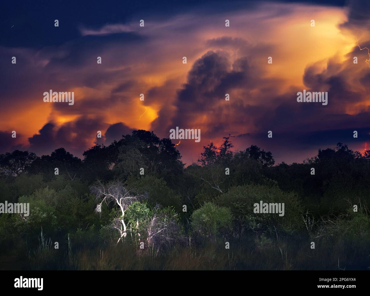 Huge thunder clouds are lit up by lightning strikes as an early evening ...