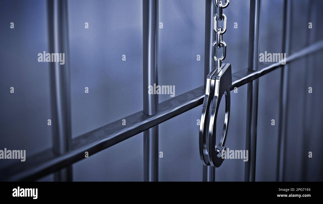 Handcuffs attached to metal prison bars. 3D illustration Stock Photo ...