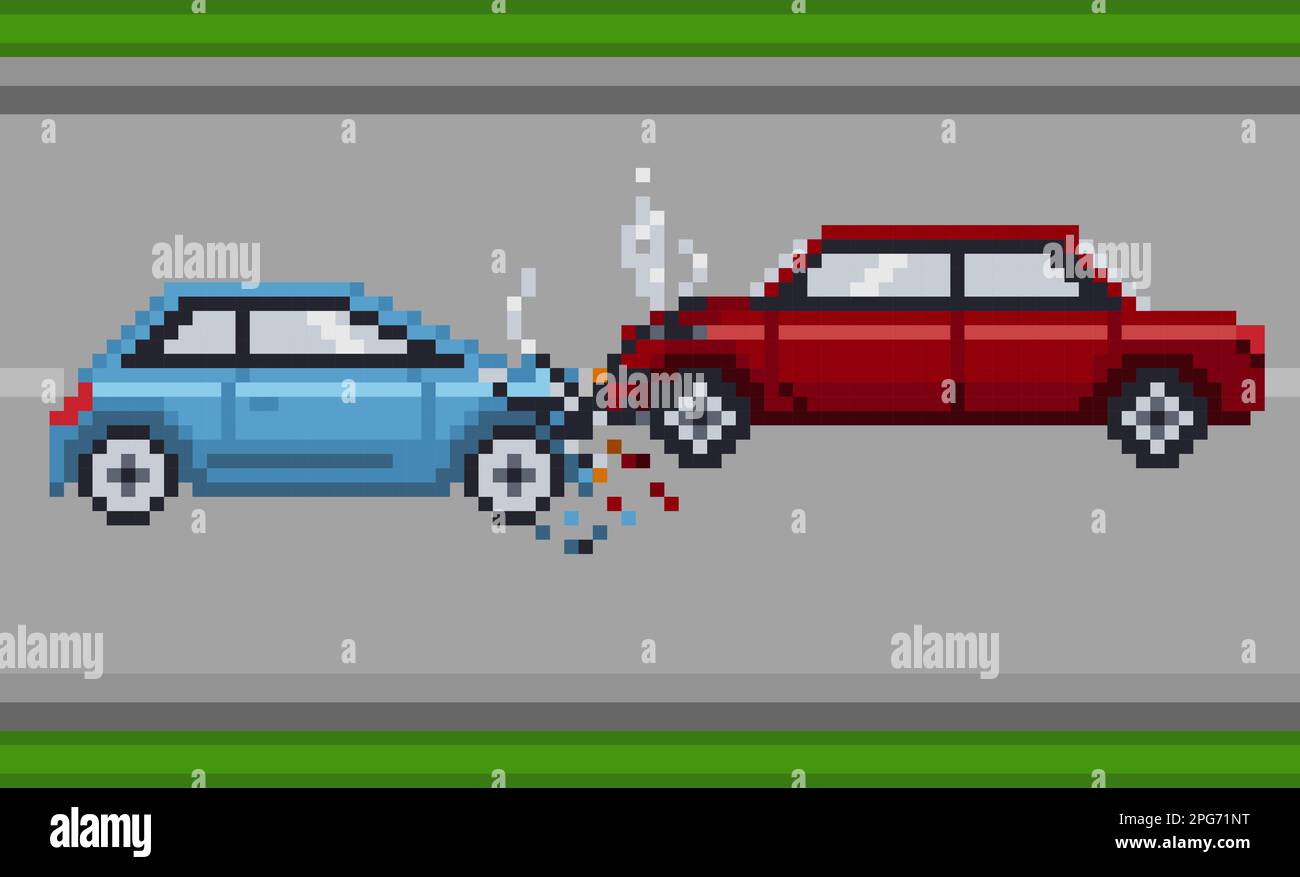 Damaged cars after collision on the road, pixel art illustration Stock ...