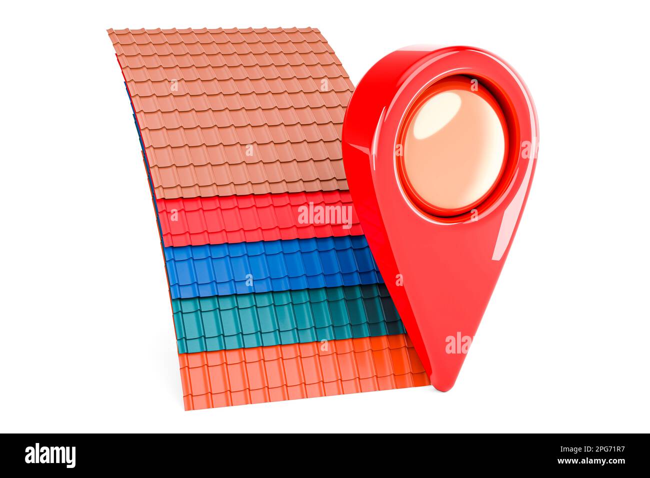 Color Metal Roof Tiles with map pointer, 3D rendering isolated on white ...
