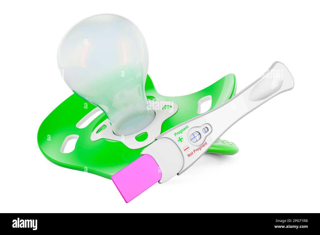 Pregnancy test positive with baby pacifier, 3D rendering isolated on ...