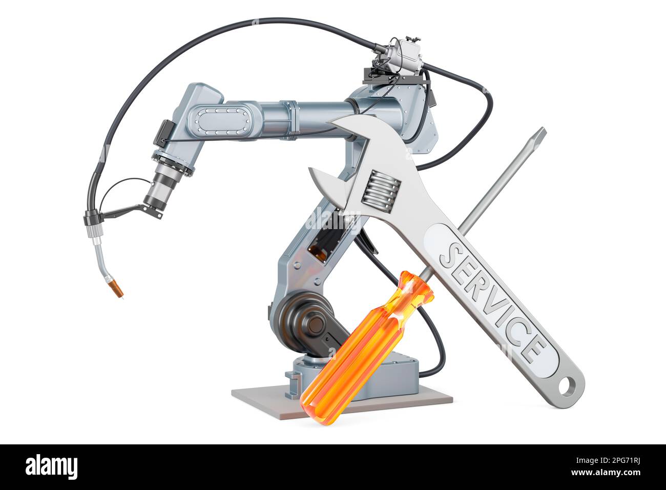 Robot welding with screwdriver and wrench, 3D rendering isolated on ...