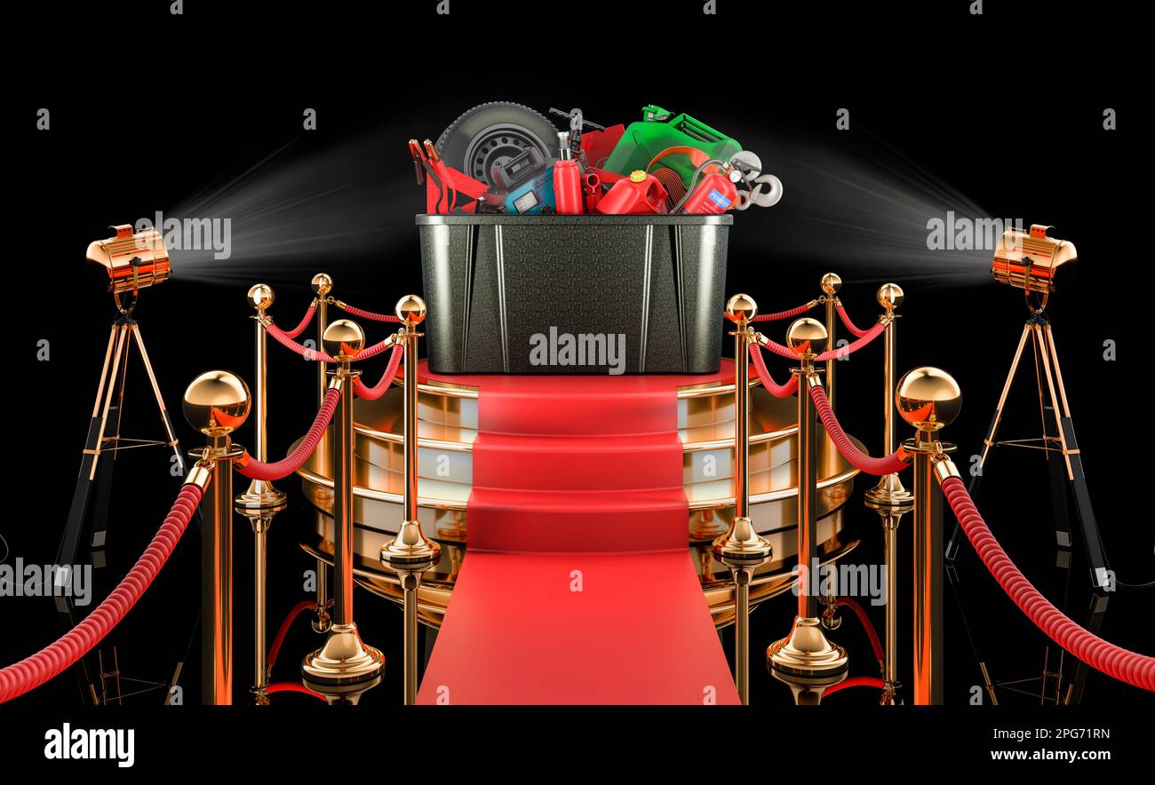 Podium with plastic box full of car tools, equipment and accessories ...