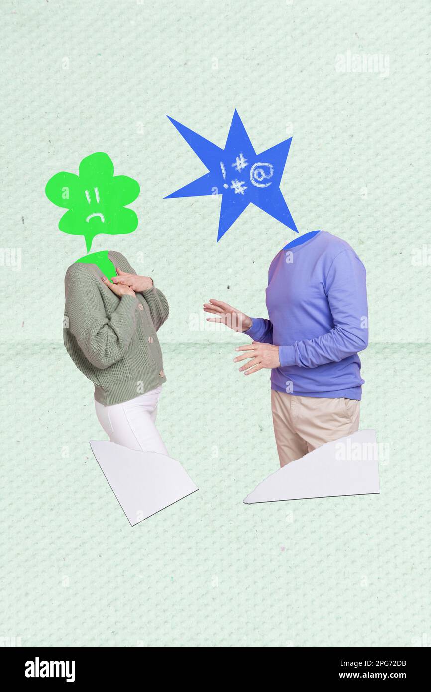 Vertical collage image of two headless people communicate fight ...