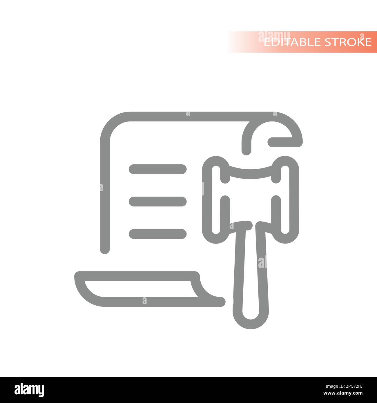 Paper scroll document and judge hammer line icon. Sentence, verdict or ...