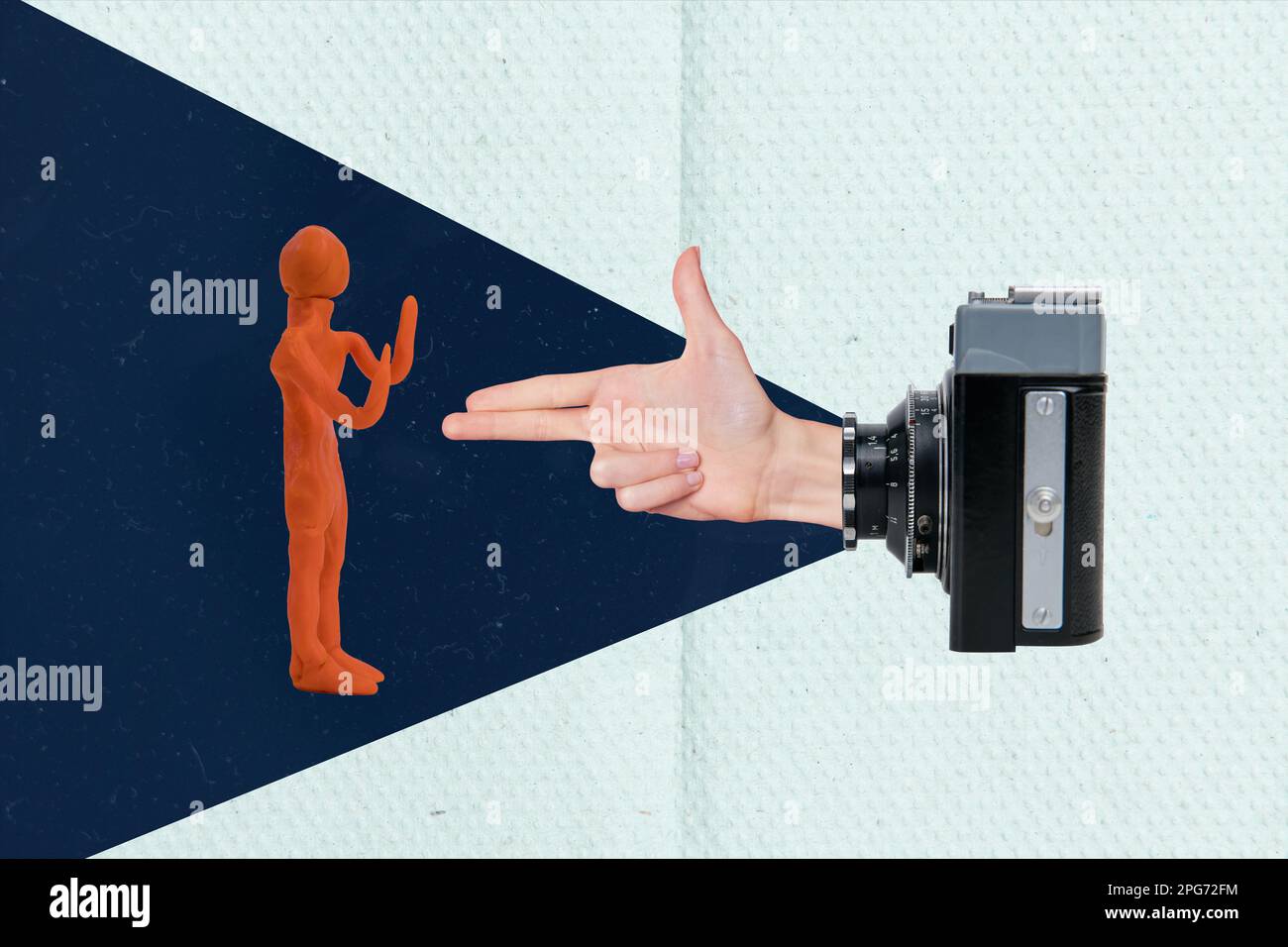 Creative collage image of photo camera objective arm fingers show gun ...