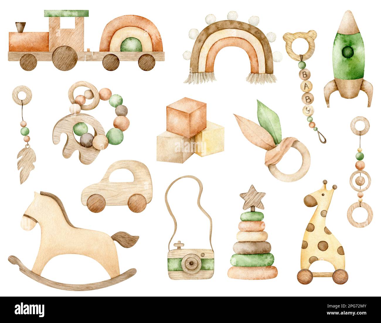 Watercolor baby wooden toys. Children rocking horse, rainbow, car ...