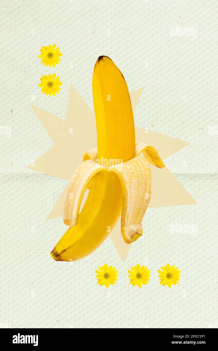 Vertical collage picture of one banana inside another peel fresh yellow ...