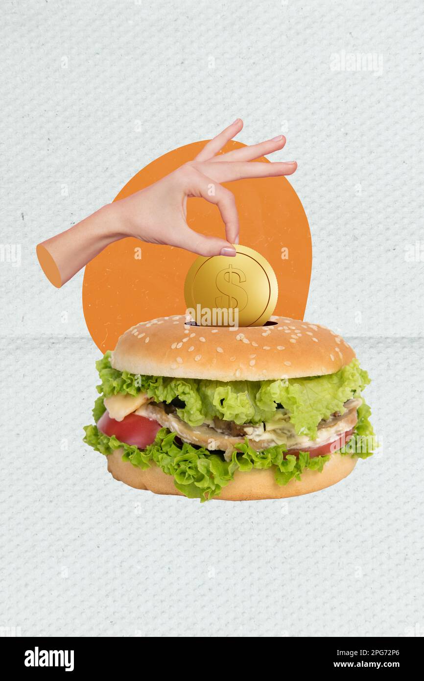 Vertical minimal collage template of big hamburger unhealthy junk food ...