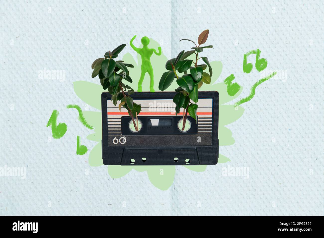 Composite collage portrait of retro tape recorder cassette little ...