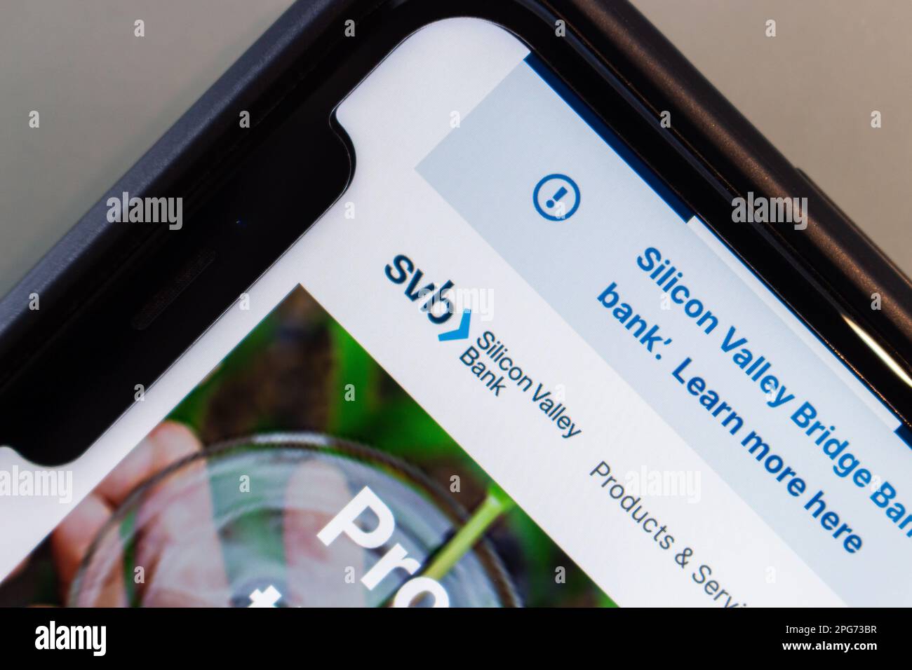 Logo of Silicon Valley Bank (SVB) seen in its website on an iPhone. On ...