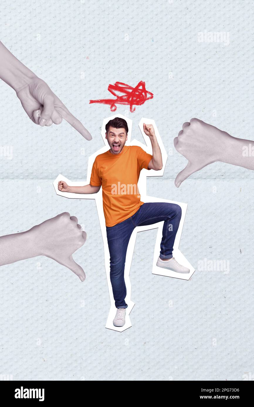 Creative image collage of young guy aggressive criticize abuse ...