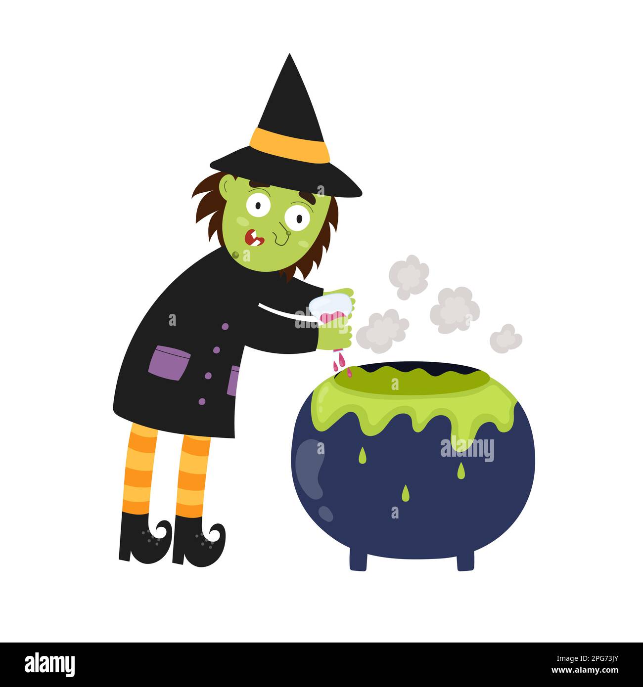 Cute witch brews a potion in a cauldron. Halloween character isolated ...