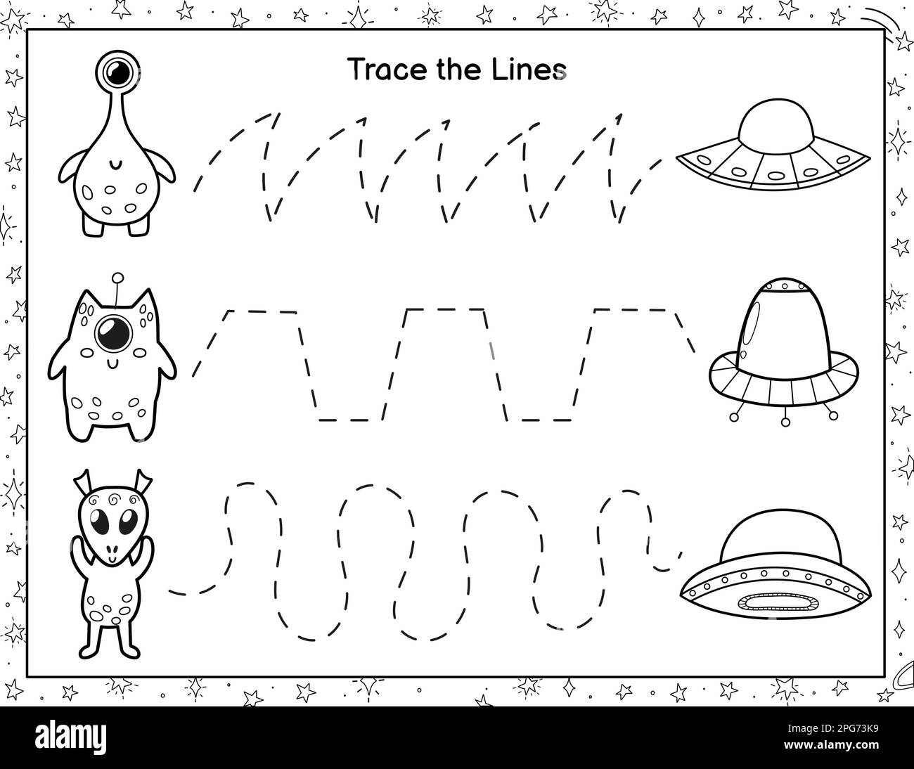 Trace lines from cute aliens to the flying saucers. Black and white ...