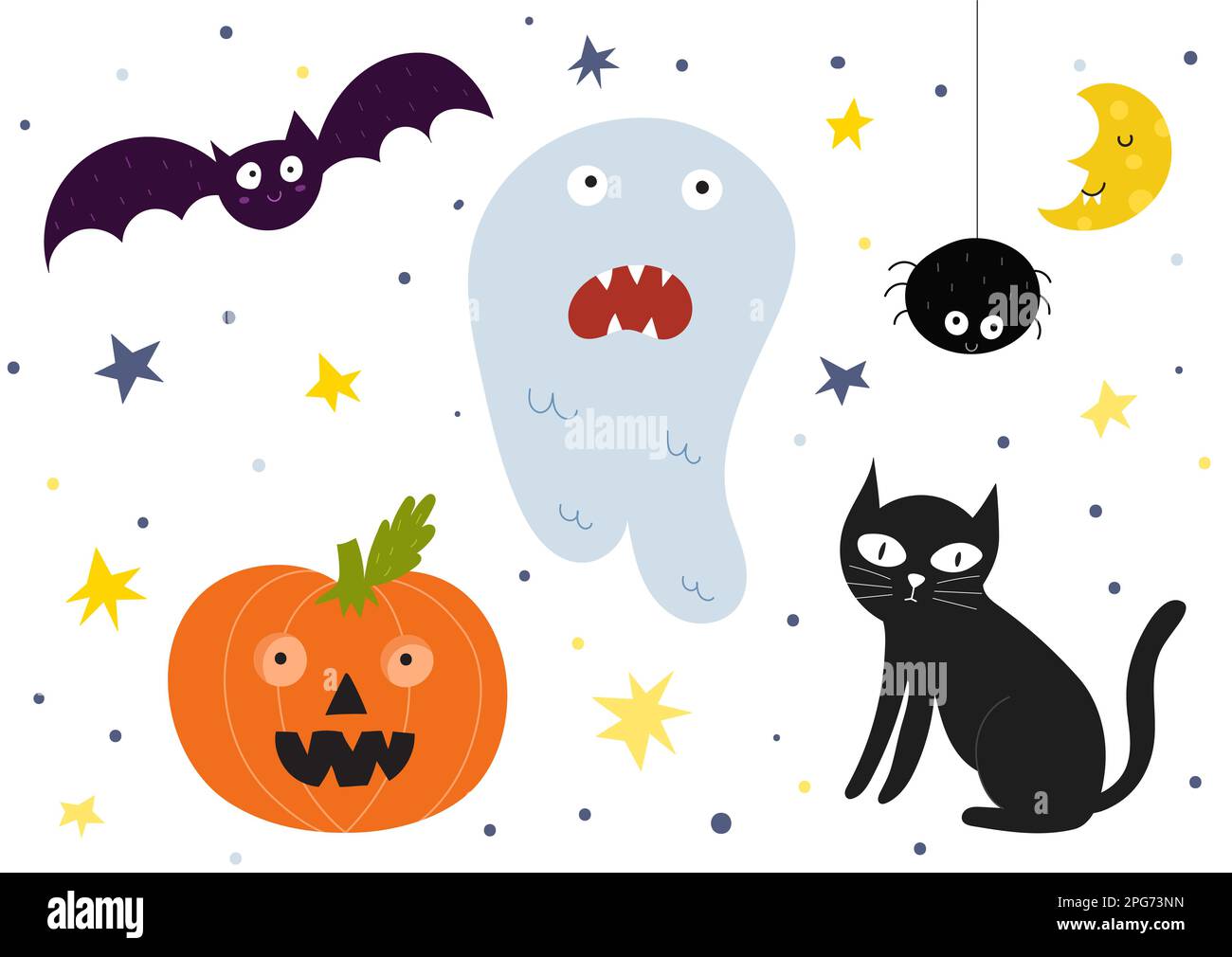Halloween print with spooky black cat, pumpkin, ghost. Autumn holiday ...