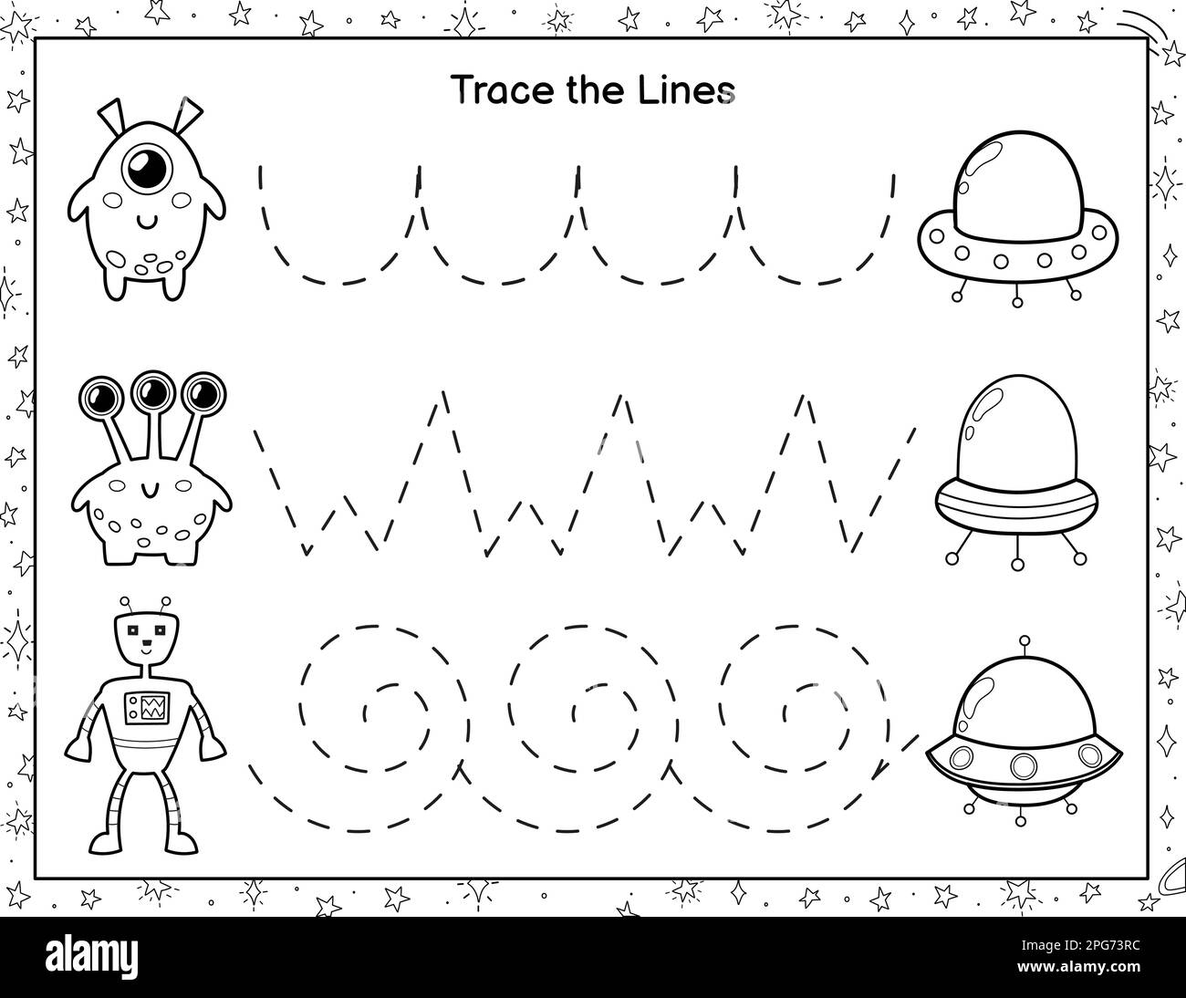 Trace lines from cute aliens to the flying saucers. Activity page for ...