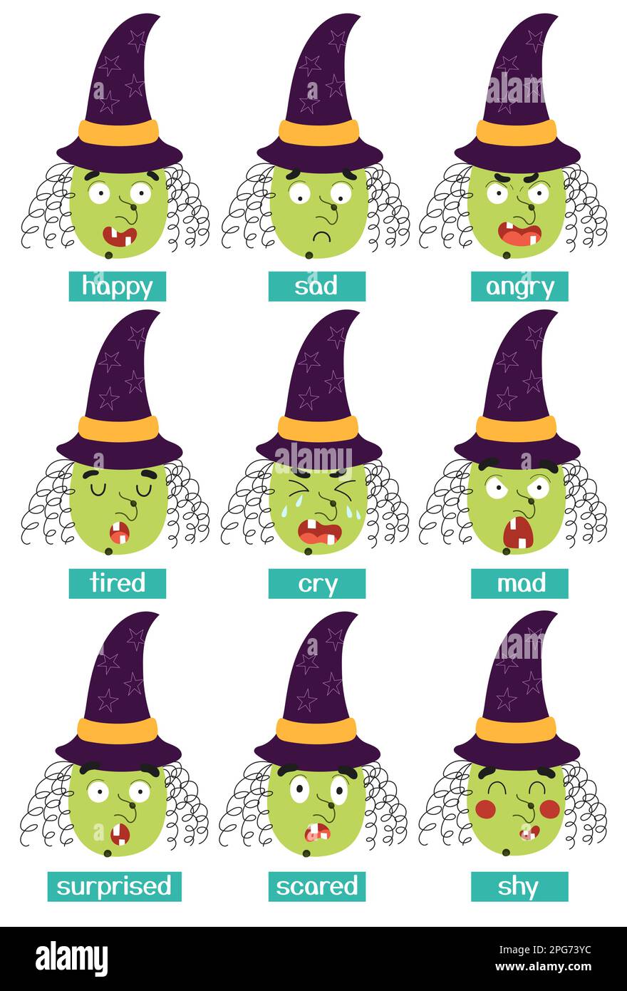 Witch emotions set. Big set of cartoon faces. Halloween character ...