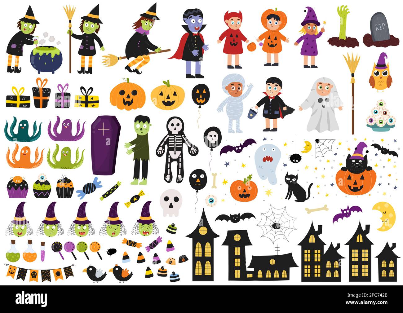 Halloween elements set. Big collection with witches, kids in costumes ...