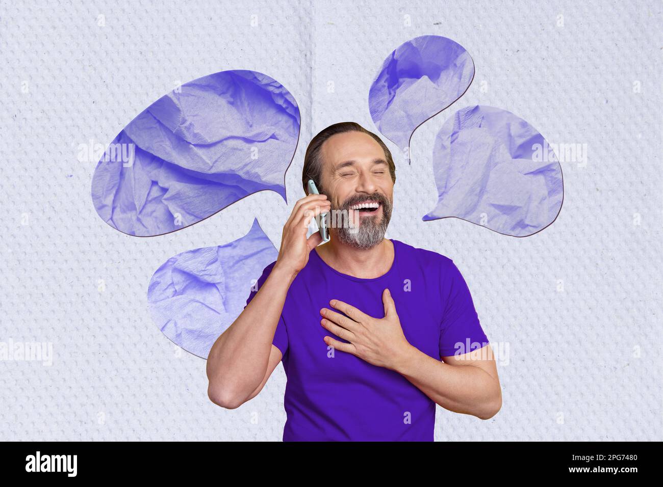 Composite collage portrait of overjoyed cheerful man speak talk ...