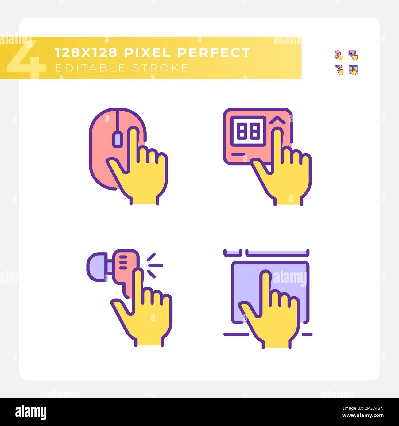 Yellow hands pressing keys on devices RGB color icons set Stock Vector ...