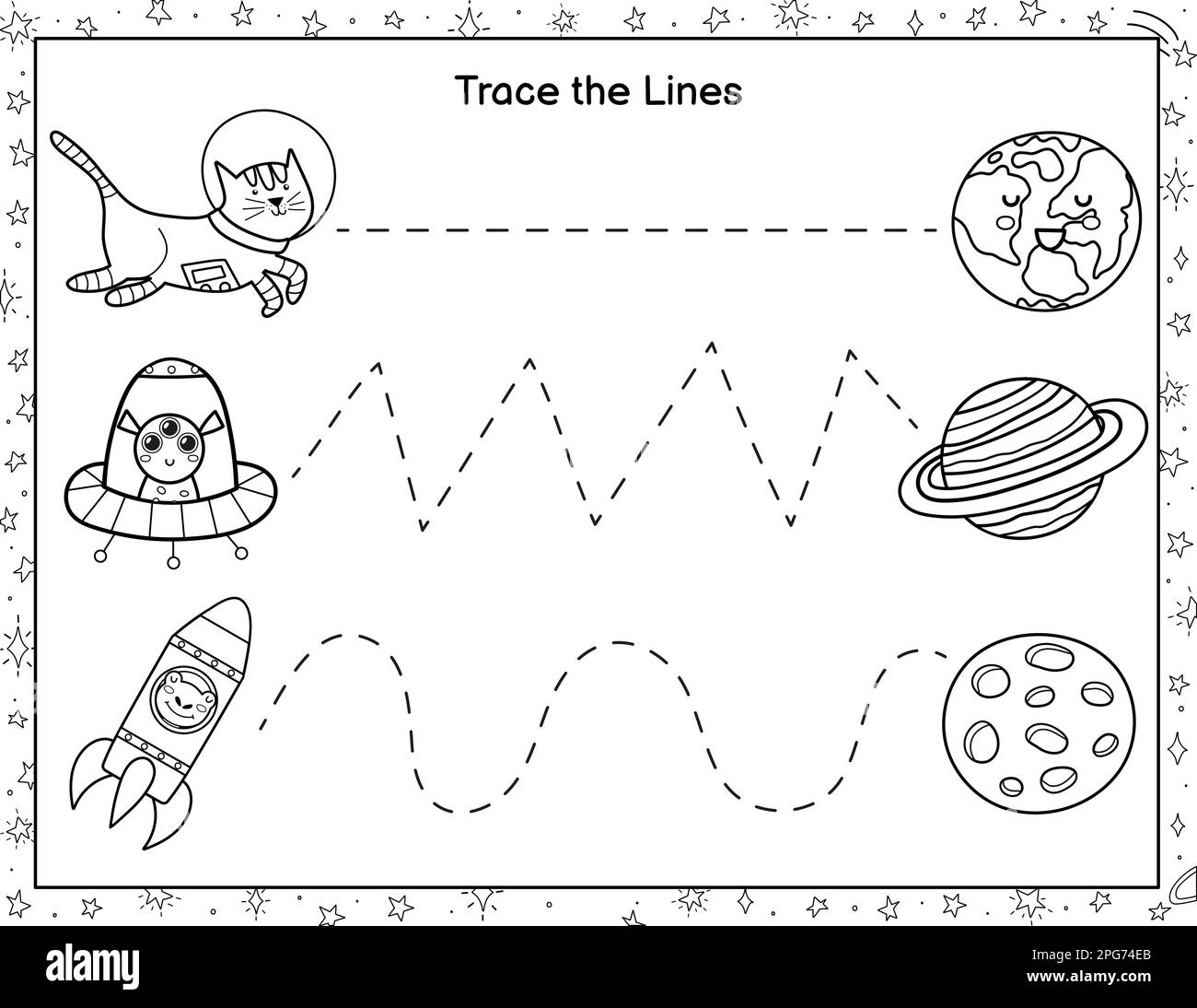 Trace lines from cute astronauts to the planets. Coloring activity page ...