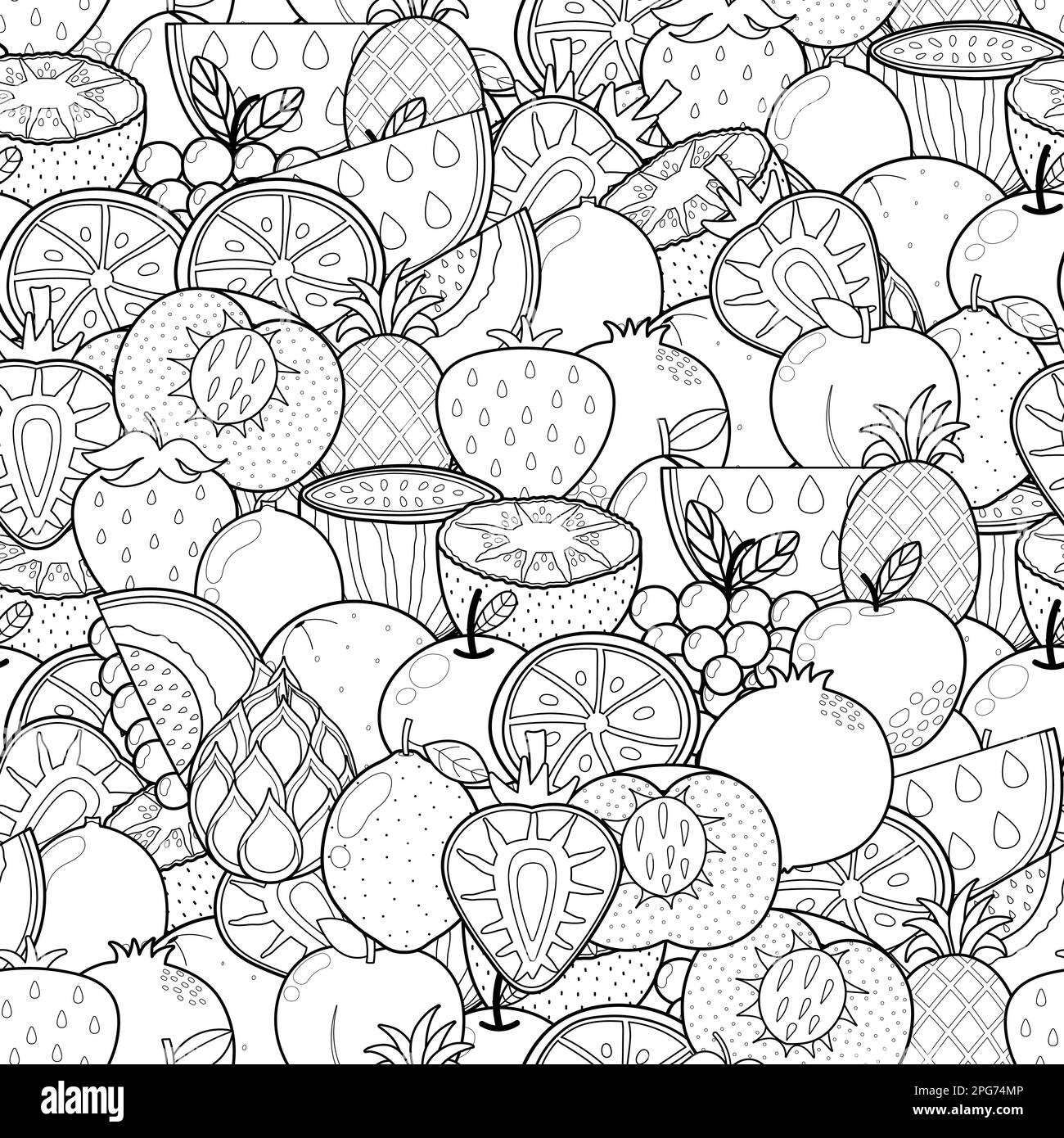 Doodle fruits seamless pattern for coloring book. Food coloring page ...