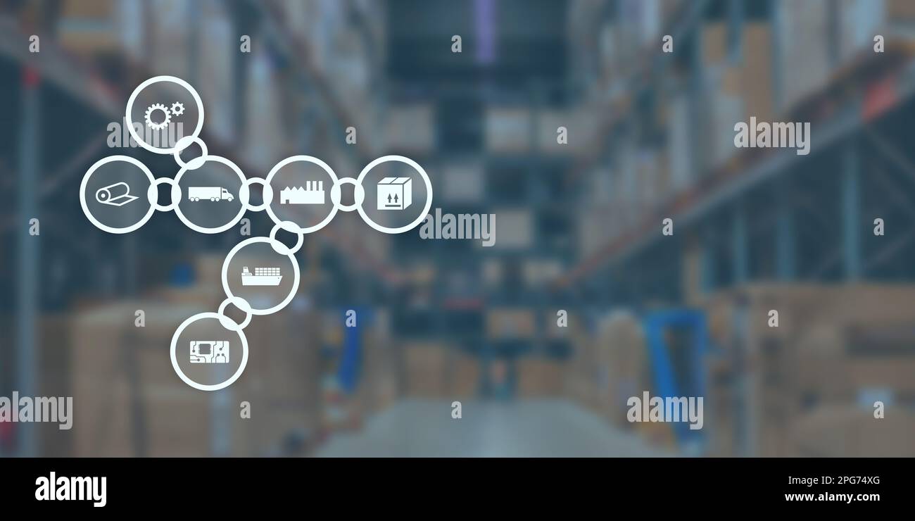 Graphic as a symbol image for a supply chain with icons and a photo of ...