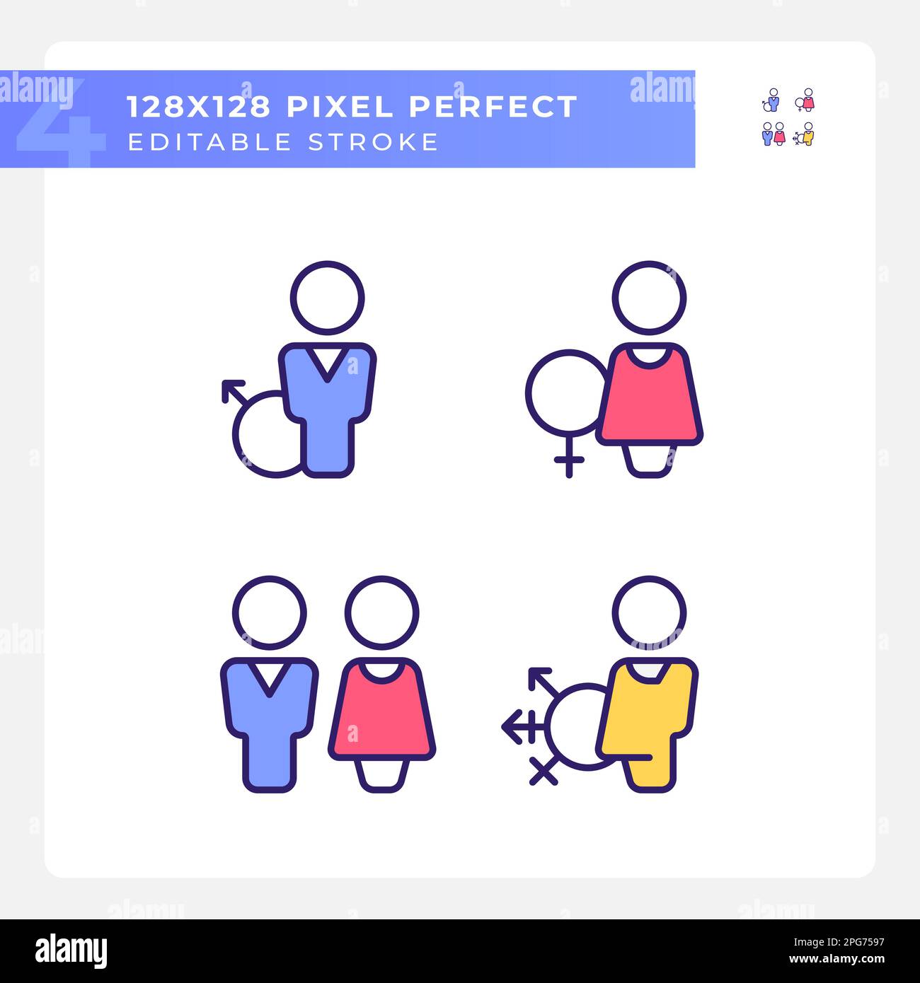 Toilets for different gender groups pixel perfect RGB color icons set ...