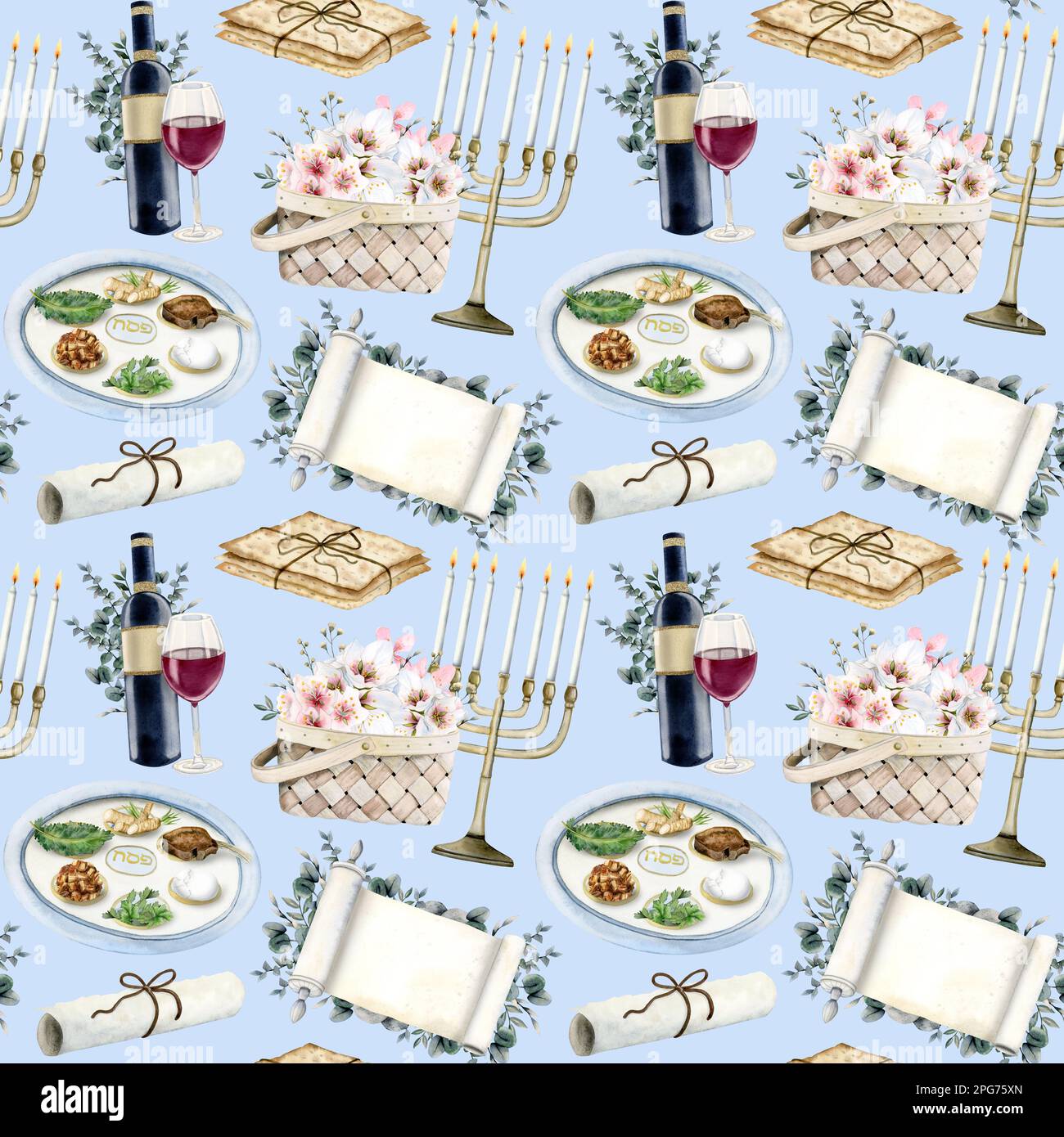 Light blue Passover seamless pattern with watercolor symbols, flowers ...