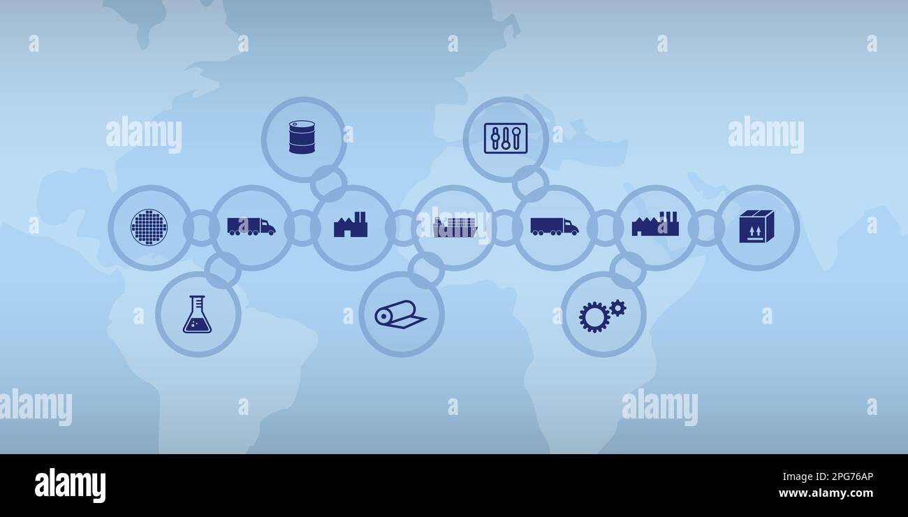 Bright vector graphic as supply chain icon image with icons in chain ...