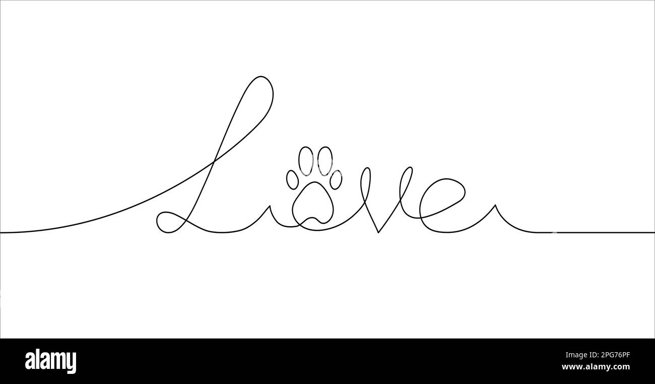 Love hand drawn lettering with pet footprint. One line drawing of ...