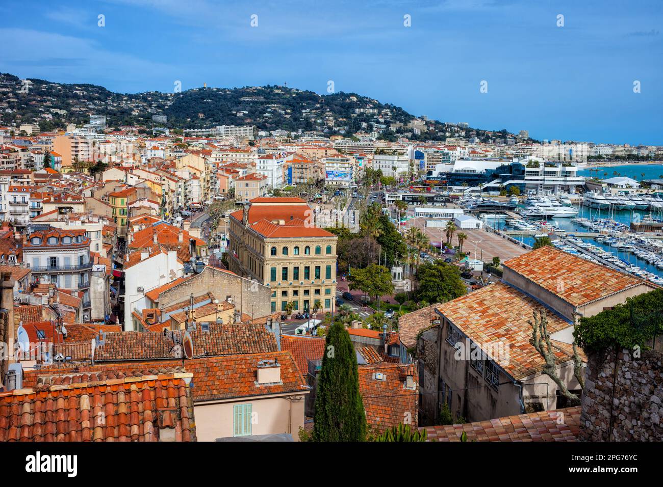 City of Cannes in France. Hill view cityscape of coastal city on French ...