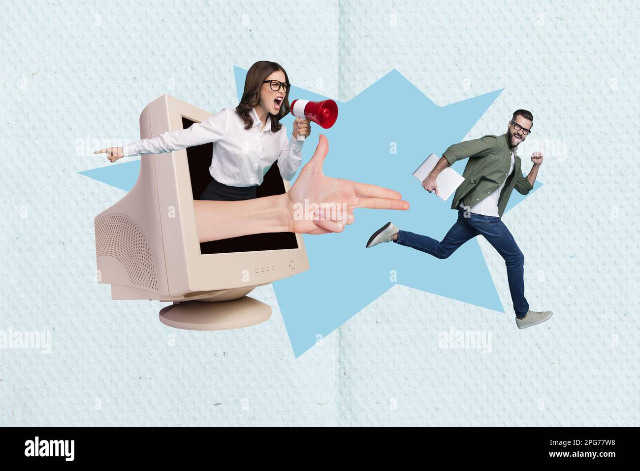 Creative collage picture of mini excited guy running away angry ...