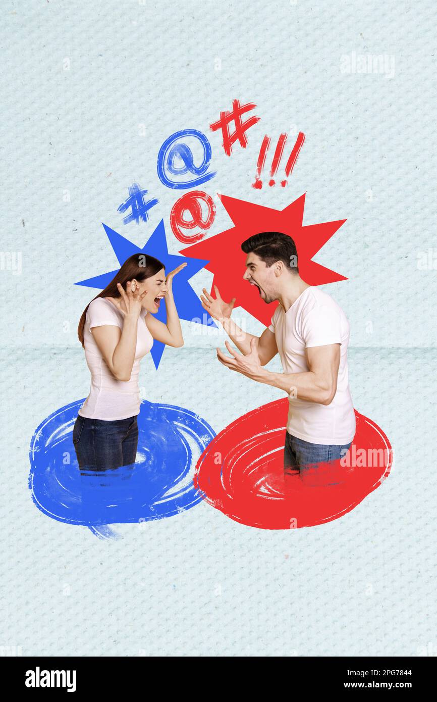 Vertical collage image of two displeased angry partners shouting ...