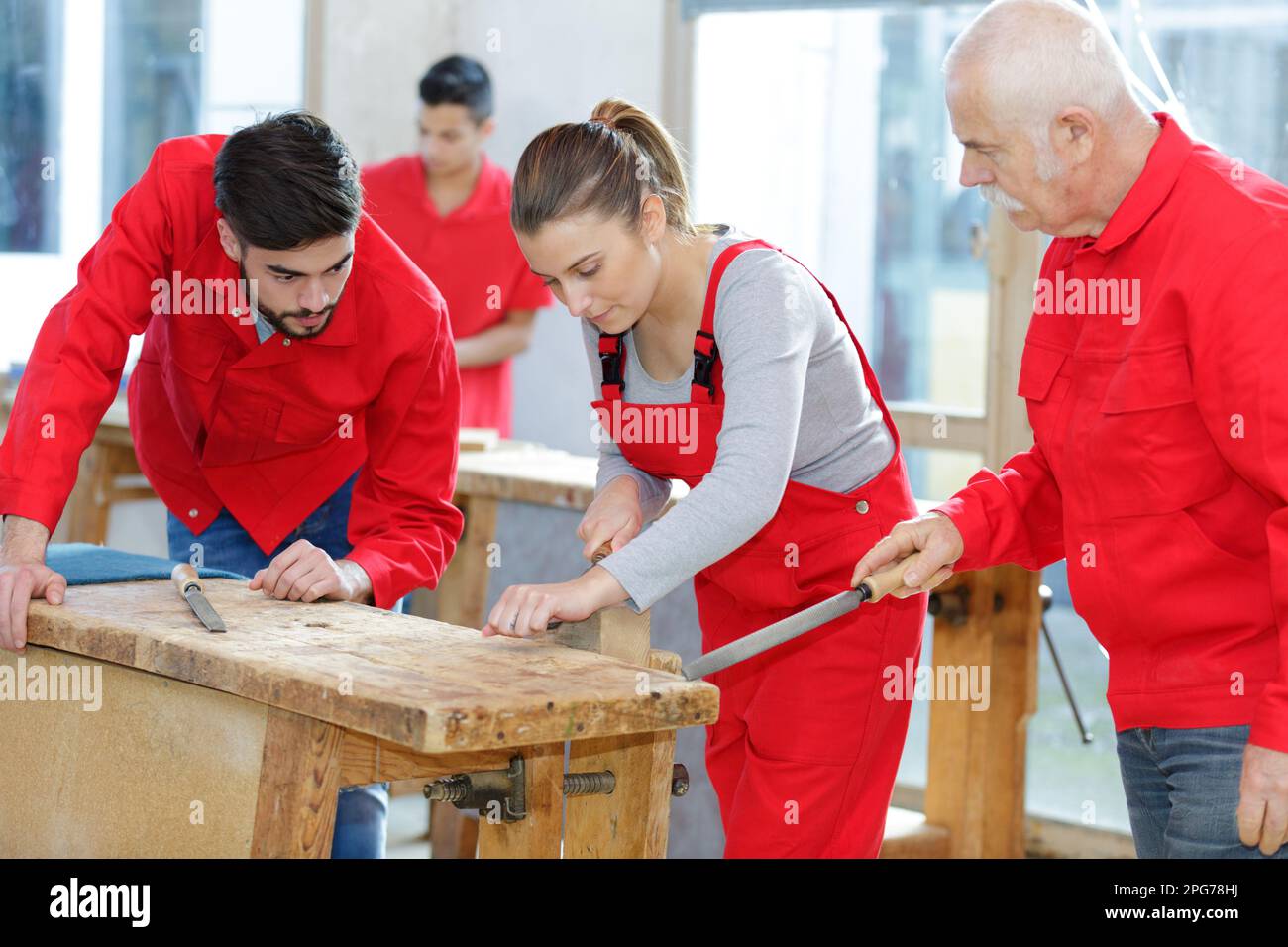 portrait of carpenter team cutting wood Stock Photo - Alamy