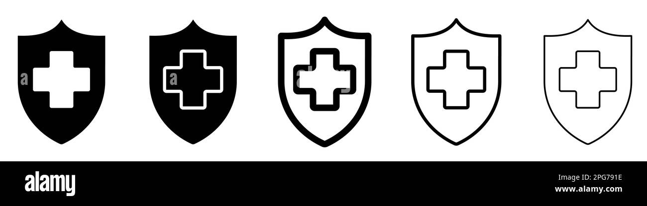Medical shield icons set. Black shield with medical cross. Save shield ...