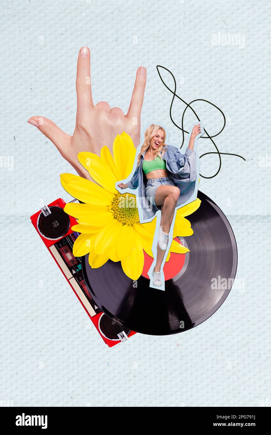 Vertical collage picture of excited overjoyed mini girl dancing big arm ...