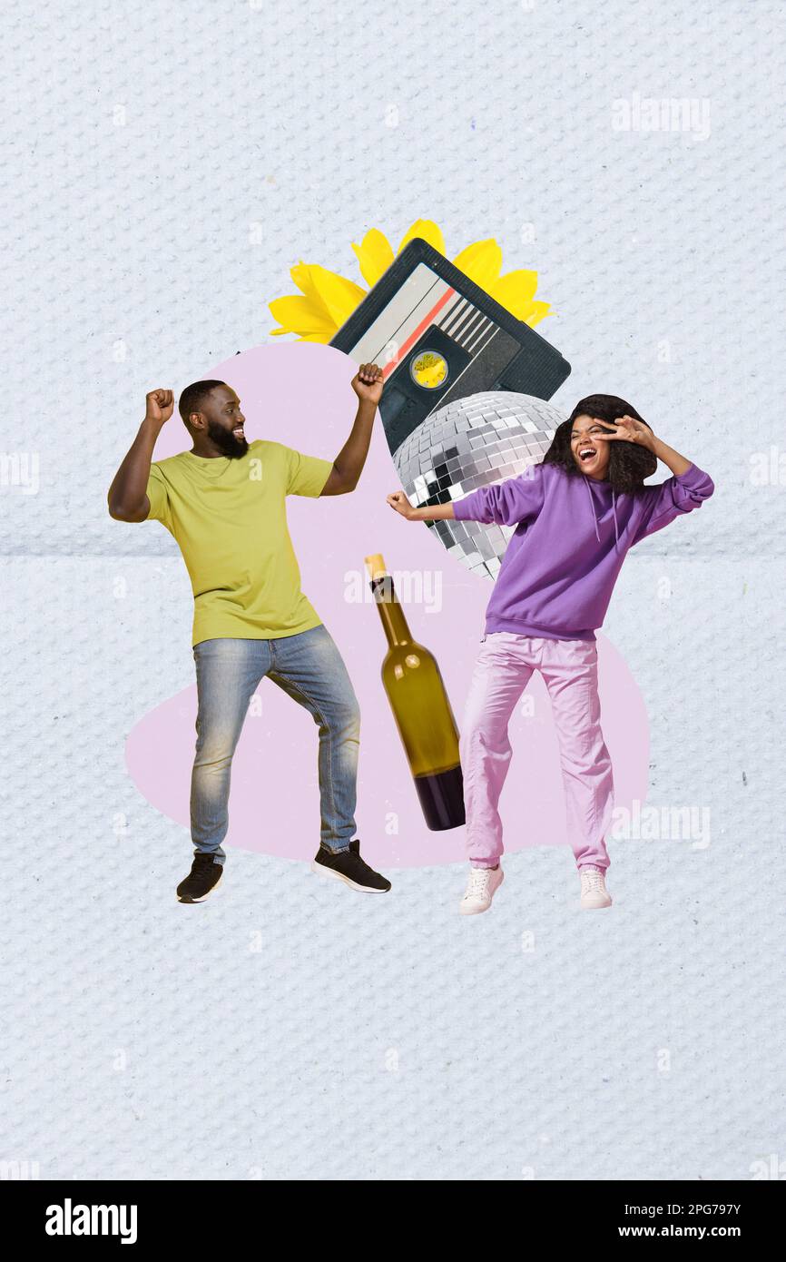 Vertical Collage Portrait Of Two Mini Carefree People Chilling Dancing