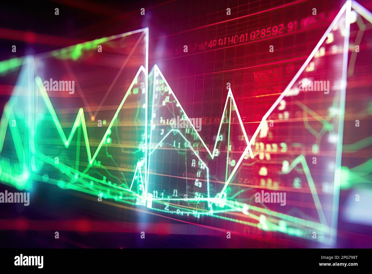 The stock trends are shown on a black background using red and green ...