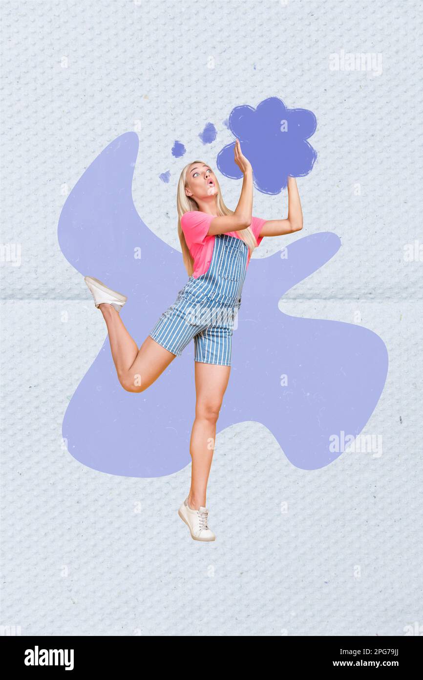 Vertical collage portrait of impressed girl arms hold drawing dialogue ...