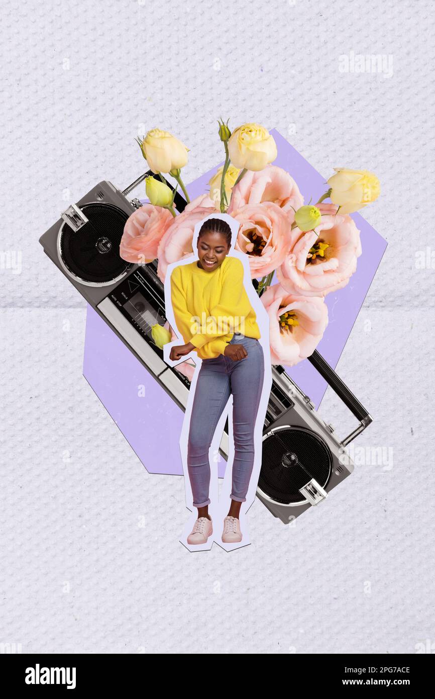 Vertical collage image of cheerful mini girl enjoy dancing chilling big ...