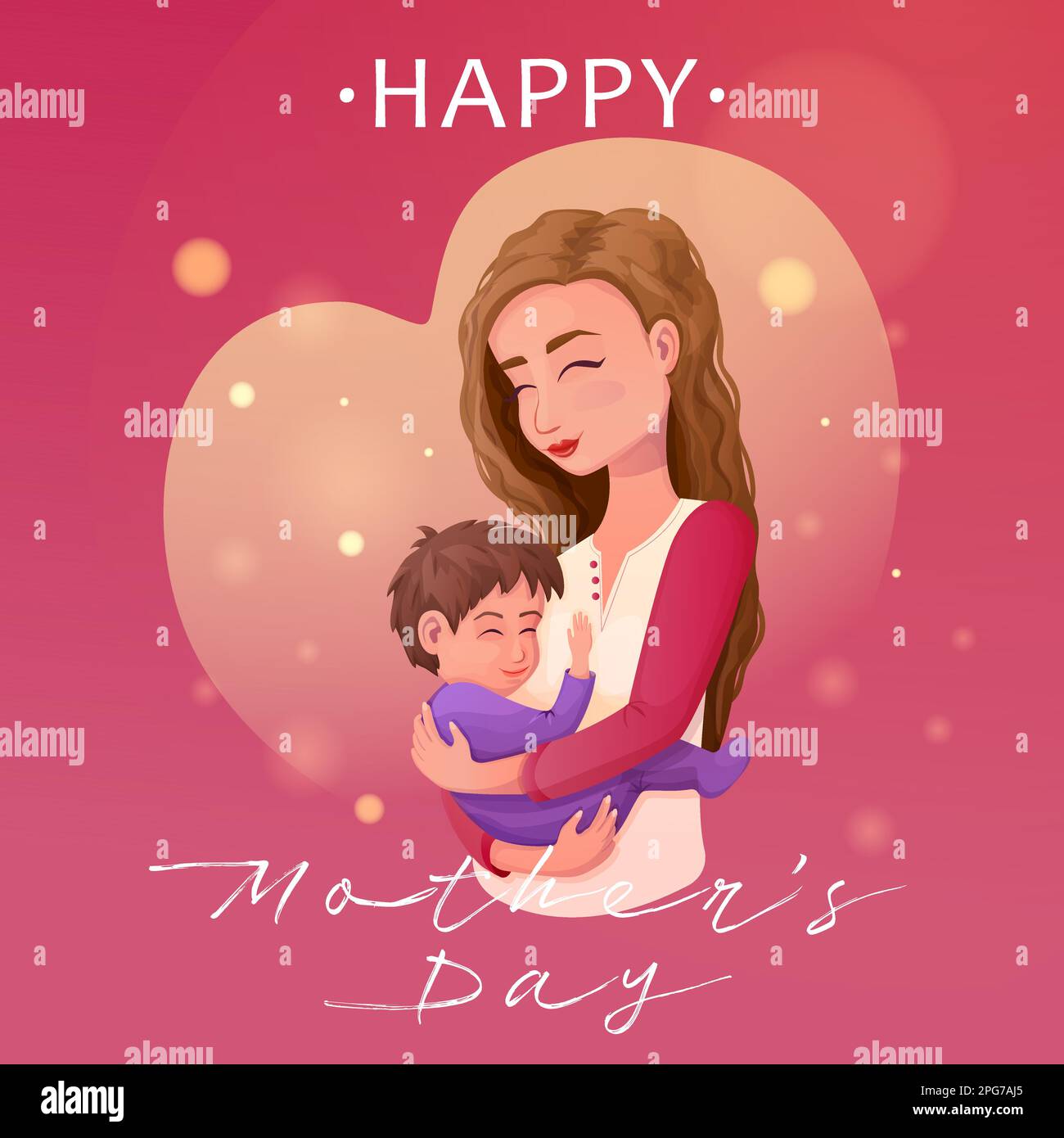 Happy Mothers day greeting with woman holding child smiling in heart ...