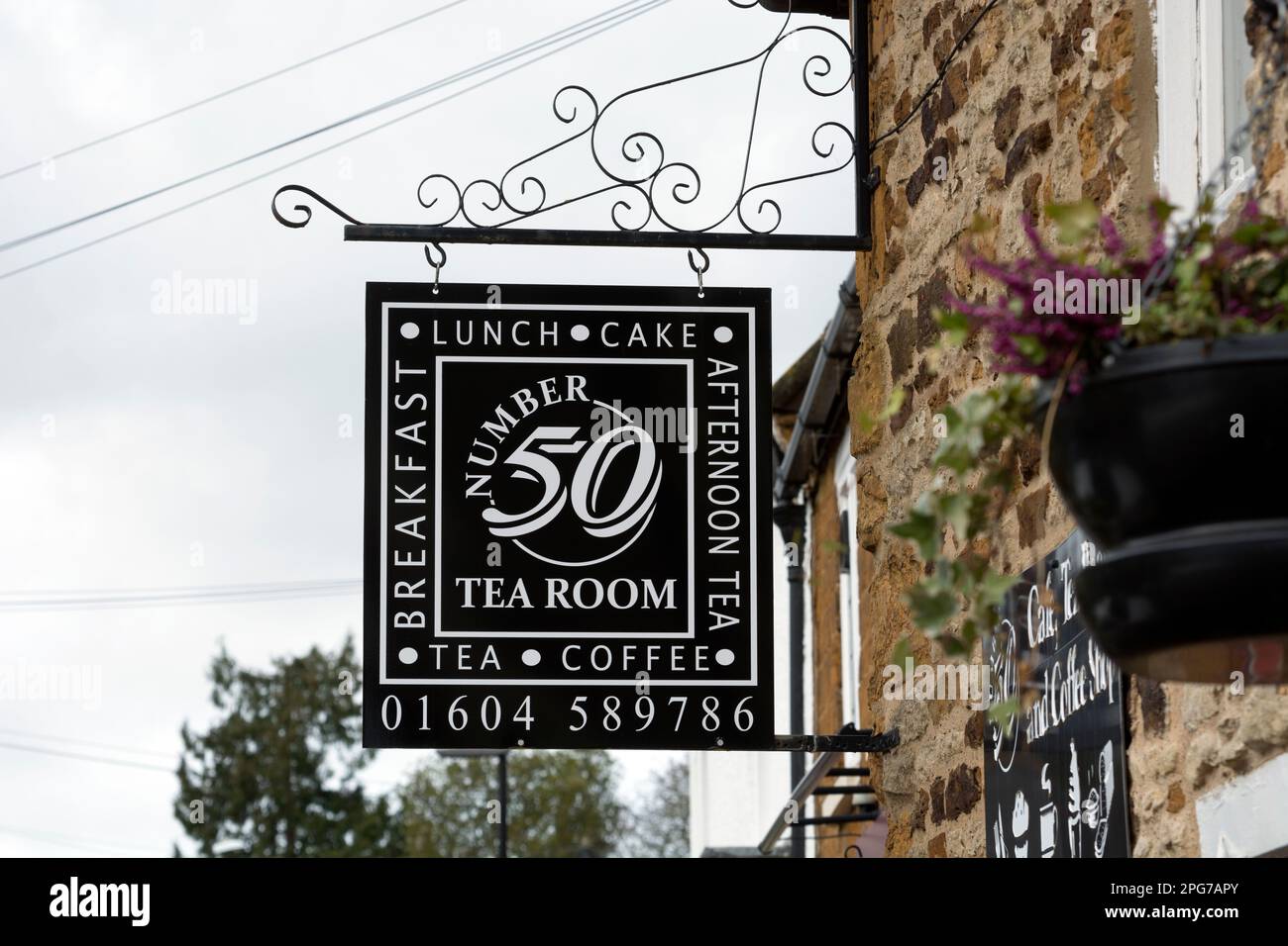 Number 50 Tea Room sign, Duston, Northamptonshire, England, UK Stock ...