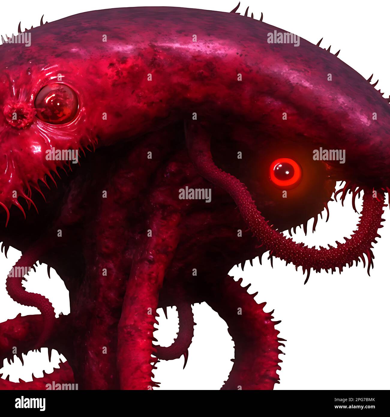 A vibrant red octopus statue illuminated by a bright red light ...