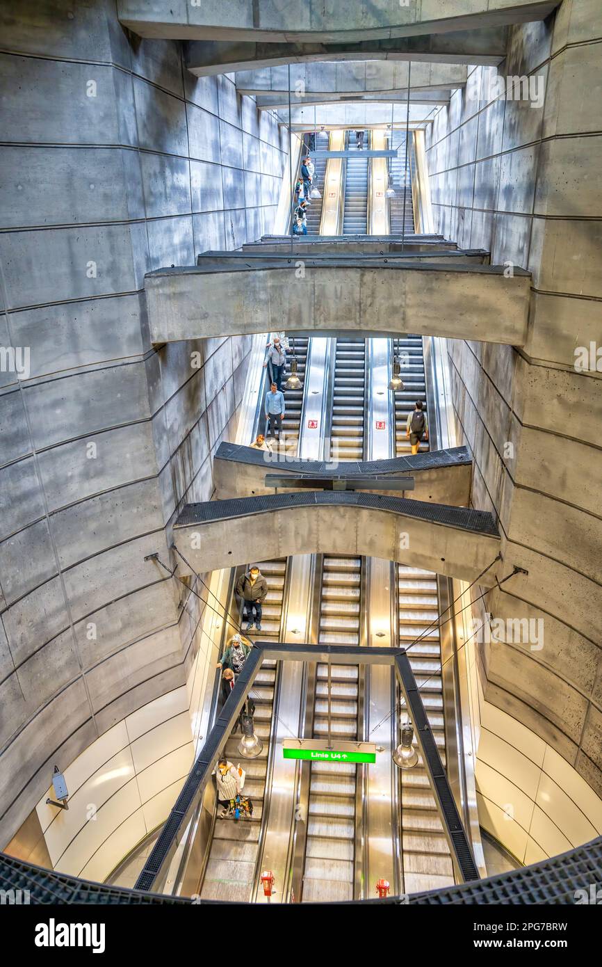 Vienna, Austria - August 22, 2022: Long staircase and escalator in a ...