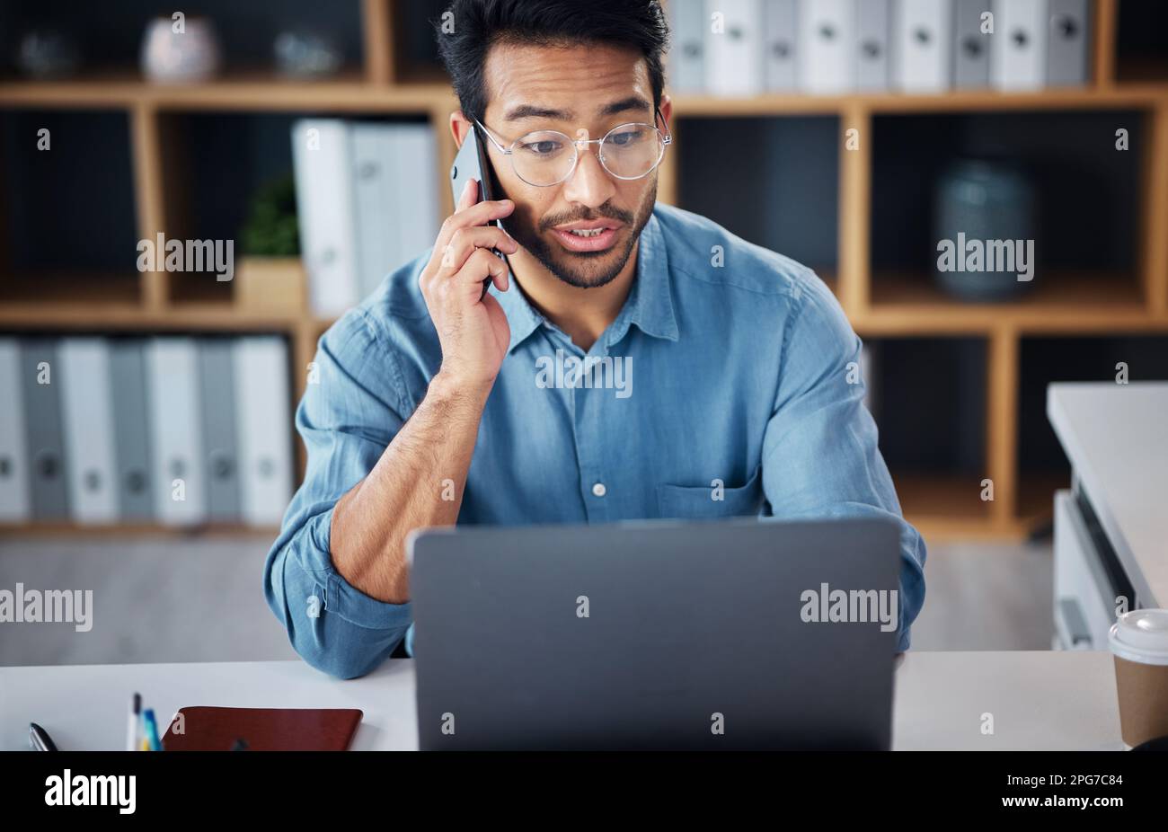 Phone call, serious and businessman planning company growth strategy on ...