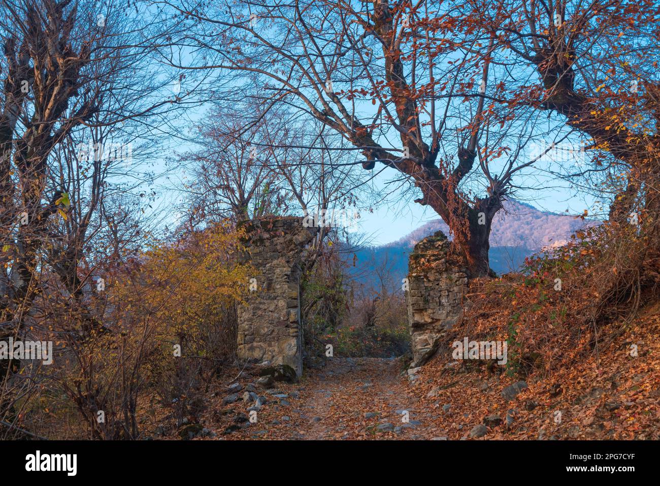 Gates of the ruins of the ancient Albanian complex of seven churches ...