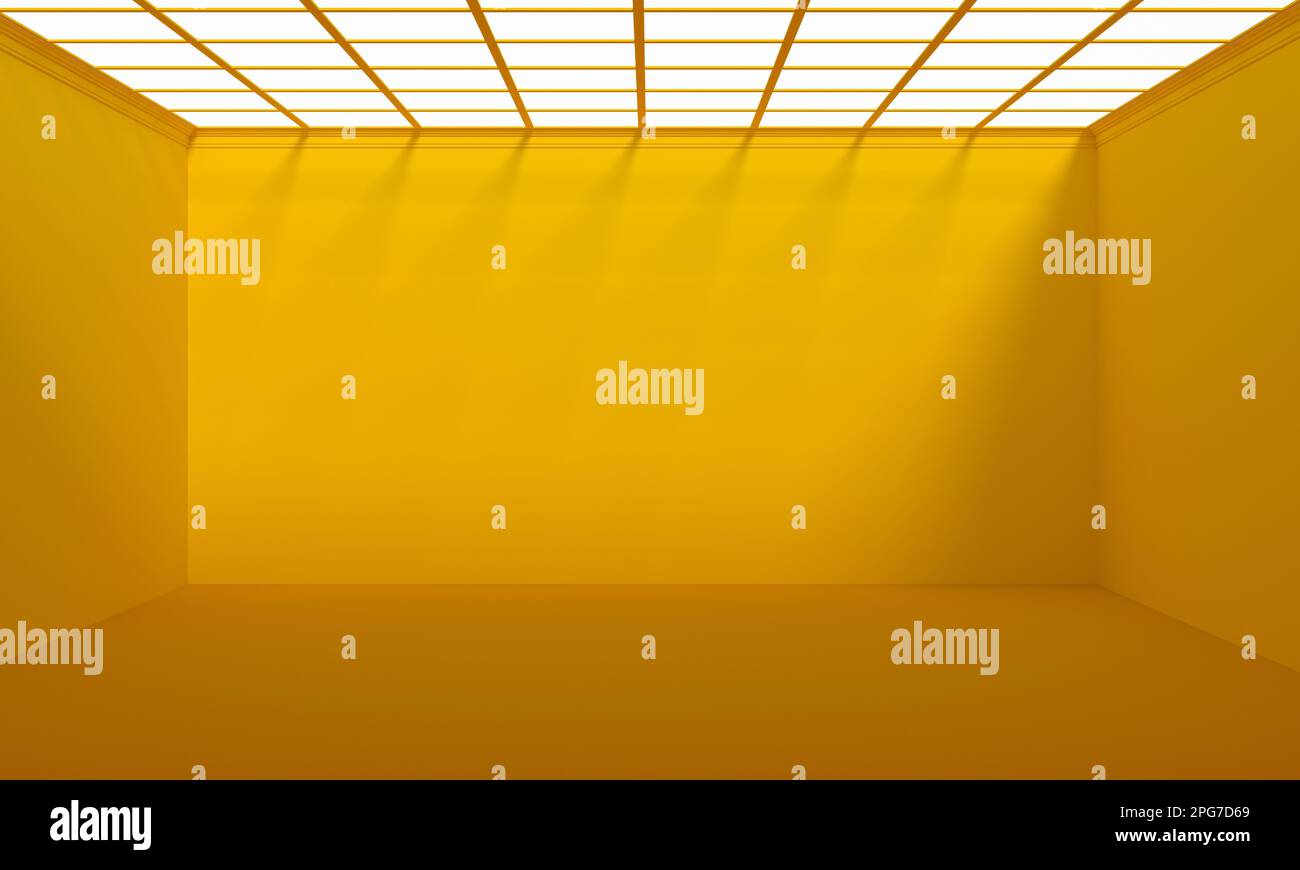 Futuristic empty room exhibition yellow background with light window ...
