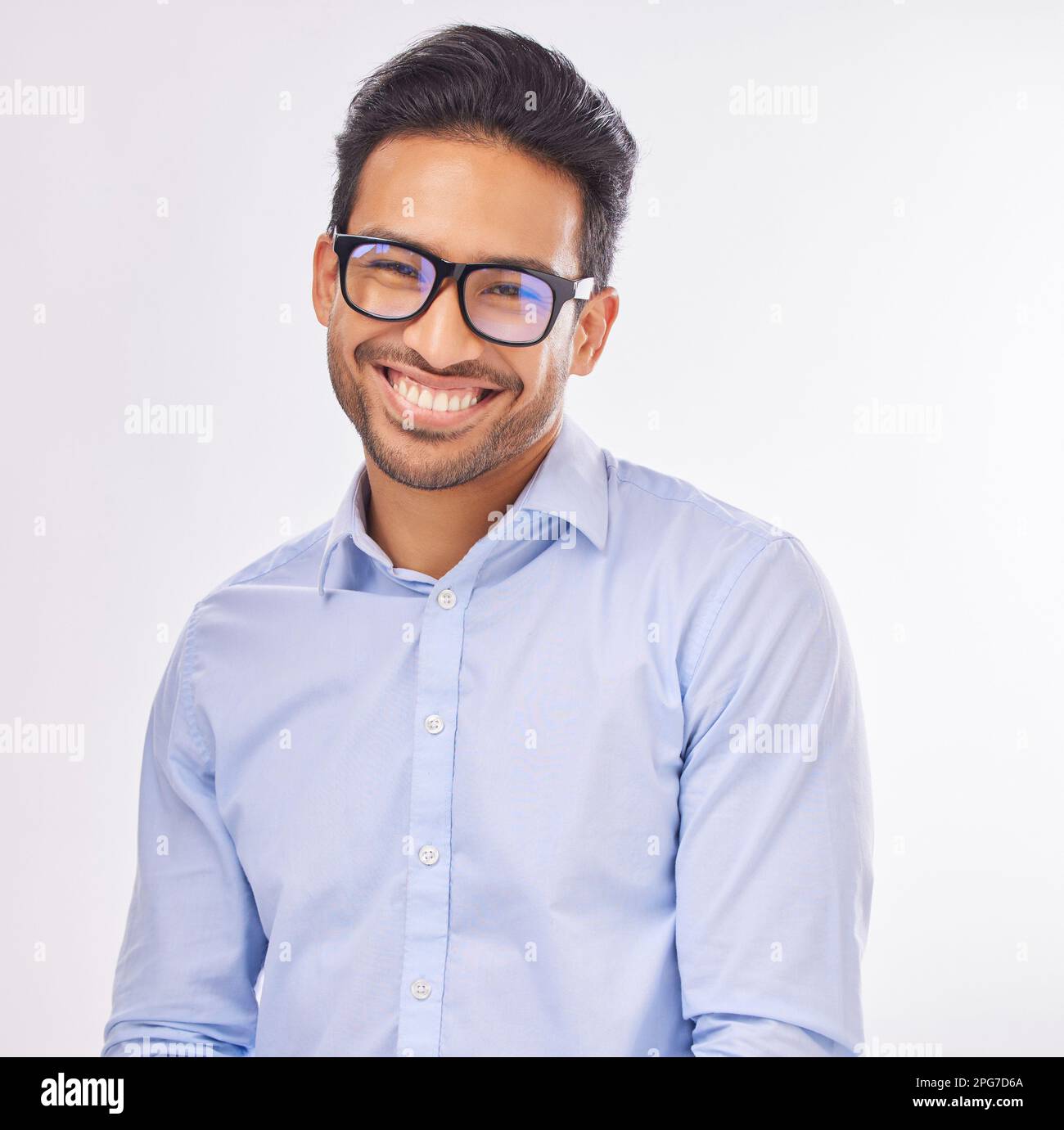 Portrait, vision and eyewear with a man in studio on a white background ...