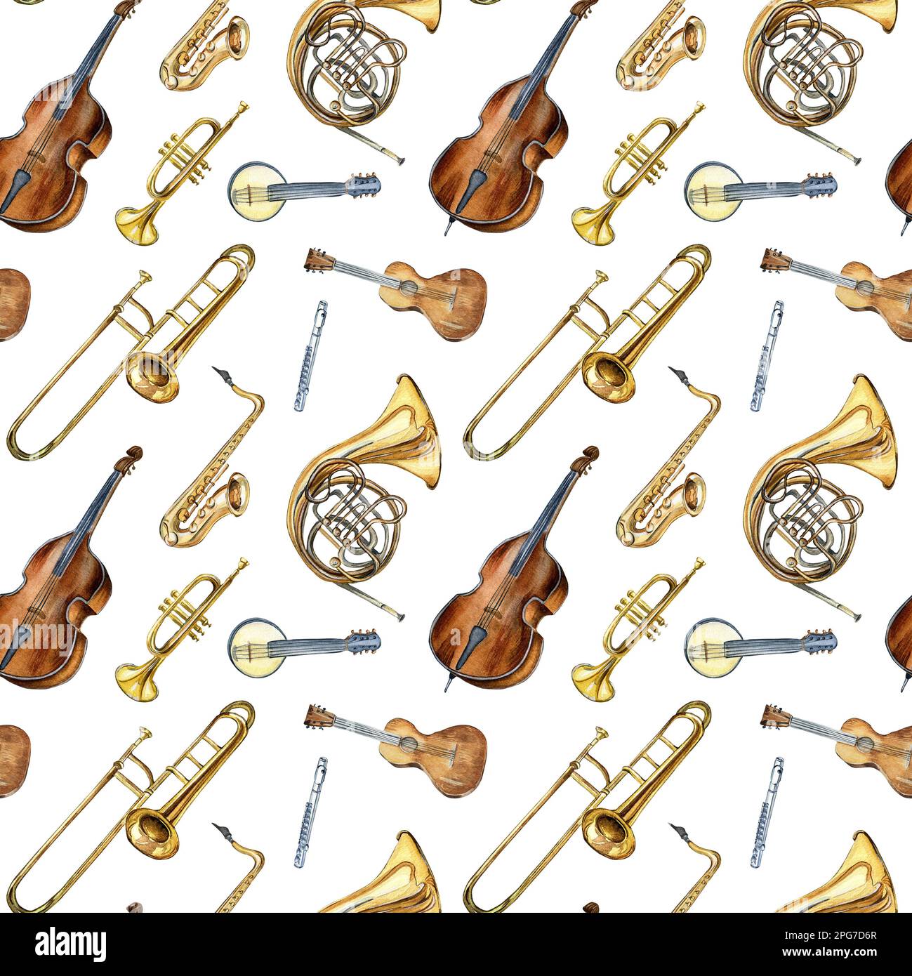 Musical instruments seamless pattern watercolor isolated on white ...